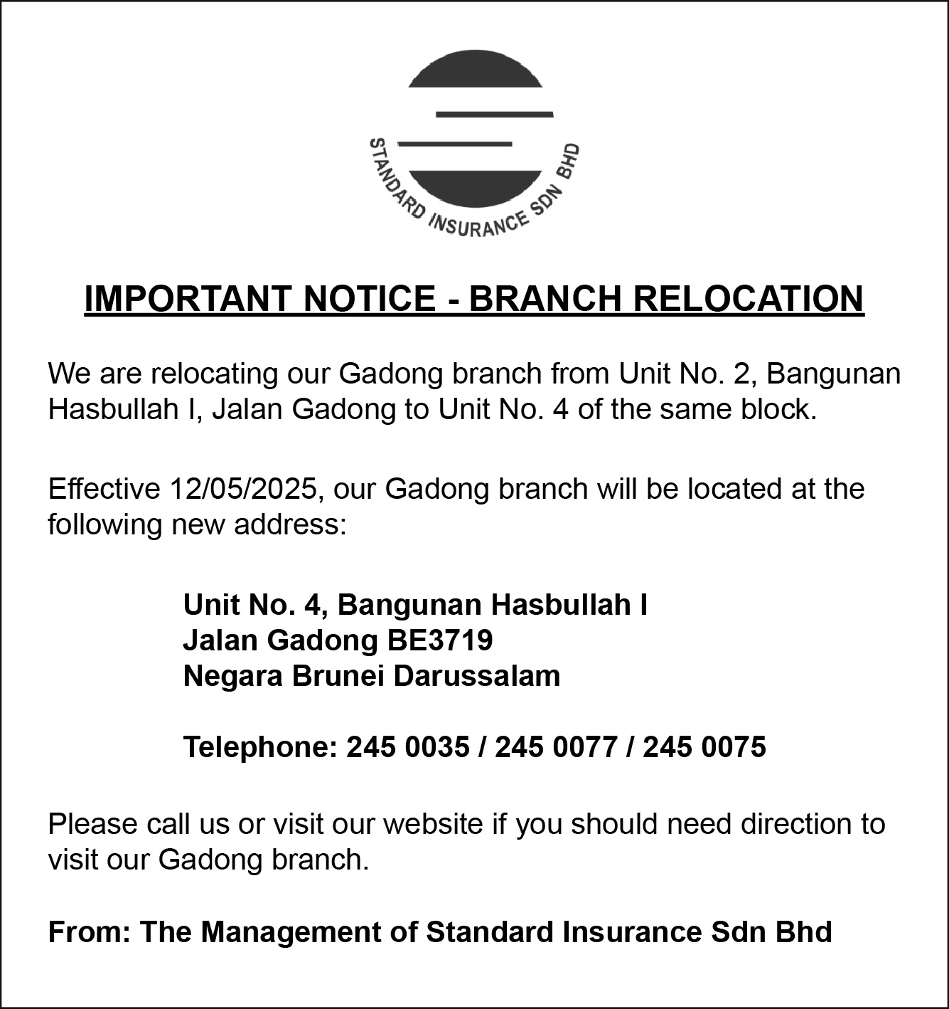 IMPORTANT NOTICE – BRANCH RELOCATION - Standard Insurance